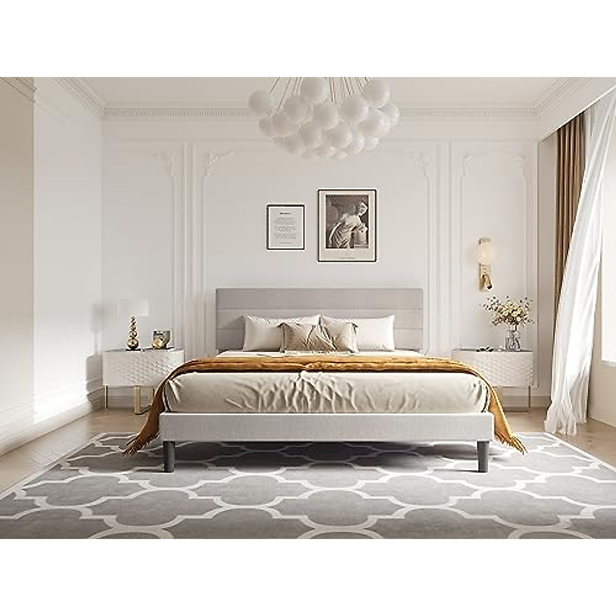 BONSOIR Queen Size Beige Color Modern Low Profile Upholstered Bed Frame with Tufted Headboard