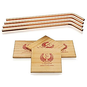 Gift Set Pure Copper Hammered Mugs with Copper Straws & Wooden Coasters Set of 4 - PREMIUM QUALITY -16 Oz Copper Mug - 100% Handcrafted - A Gift Pack for your loved Ones.