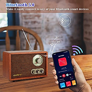 LoopTone USB SD Multifunction AM FM Vintage Radio with Bluetooth Speaker,Retro Wood Table Radio for Kitchen Living Room with Rotary Knob