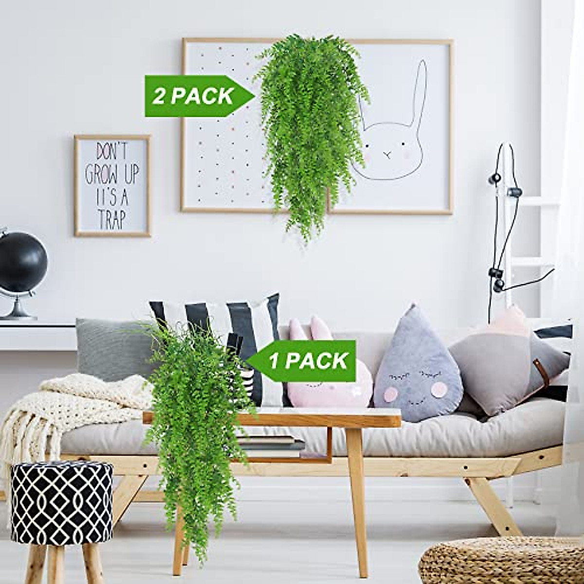 Huryfox Artificial Hanging Plants Fern Vine - Fake Ivy Leaves Decoration for Indoors & Outdoors, Faux Foliage Greenery Decor for Living Room, Kitchen, Balcony, Garden, Bedroom, Farmhouse Aesthetic