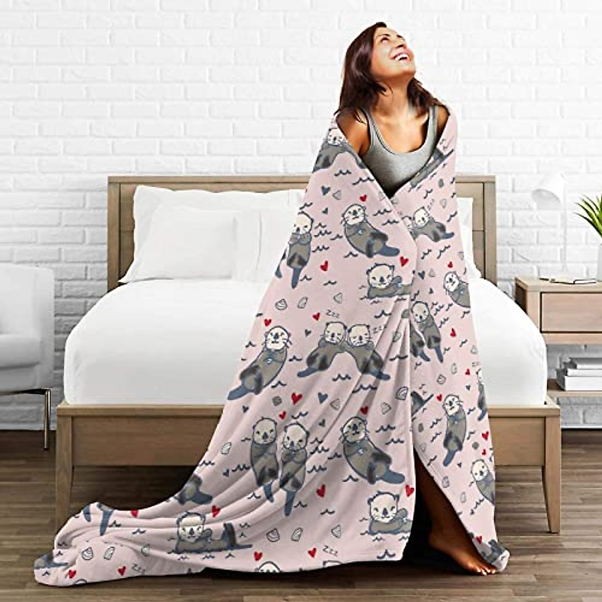 Lovely Sea Otter Heart Flannel Reversible Sherpa Throw Blanket Fuzzy and Soft Fleece Bed Blanket