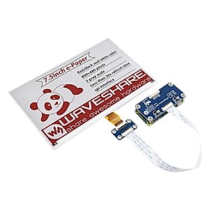Waveshare 7.5inch E-Paper E-Ink Display HAT Compatible with Raspberry Pi 5/4B/3B/Zero/Zero W/Zero 2W/Pico/Pico W/Pico WH, 800×480 Pixels Red/Black/White Three-Color SPI Interface