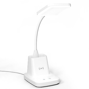 LED Desk Lamp with Wireless Charger, Sailstar White Desk Light with Pen Holder, 3 Color Modes with Stepless Dimming, CRI 85, 800 Lumen, Study Lamps for College Dorm Room, Home Office, Adapter Included