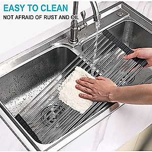 G-TING Dish Drying Rack 17.6" x 16", Over Sink Roll Up Large Dish Drainers Rack, Multipurpose Foldable Kitchen Sink Rack Mat Stainless Steel with Silicone Rims for Dishes, Cups, Fruits Vegetables