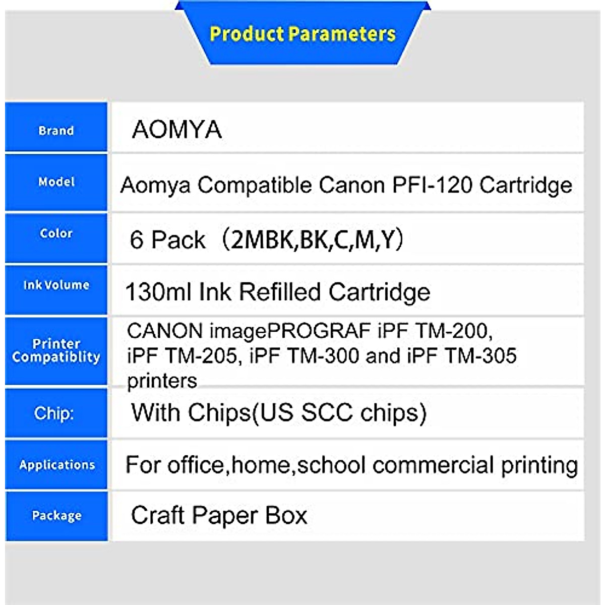 Aomya Compatible Canon PFI-120 Ink Cartridge Replacement for Canon imagePROGRAF iPF TM-Series TM-200 TM-300 TM-305 TM-205 (2 Matte Black, 1 Black, 1 Cyan, 1 Magenta, 1 Yellow, 6-Pack)