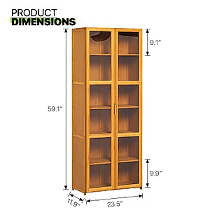 Magshion Bamboo 6-Tier Shelf Living Room Storage Tall Bookcase Cabinet with Clear Doors, Brown 23.5" L x 11.9" W x 59.1" H Home Office Multipurpose Tower Media Organizer Bookshelf