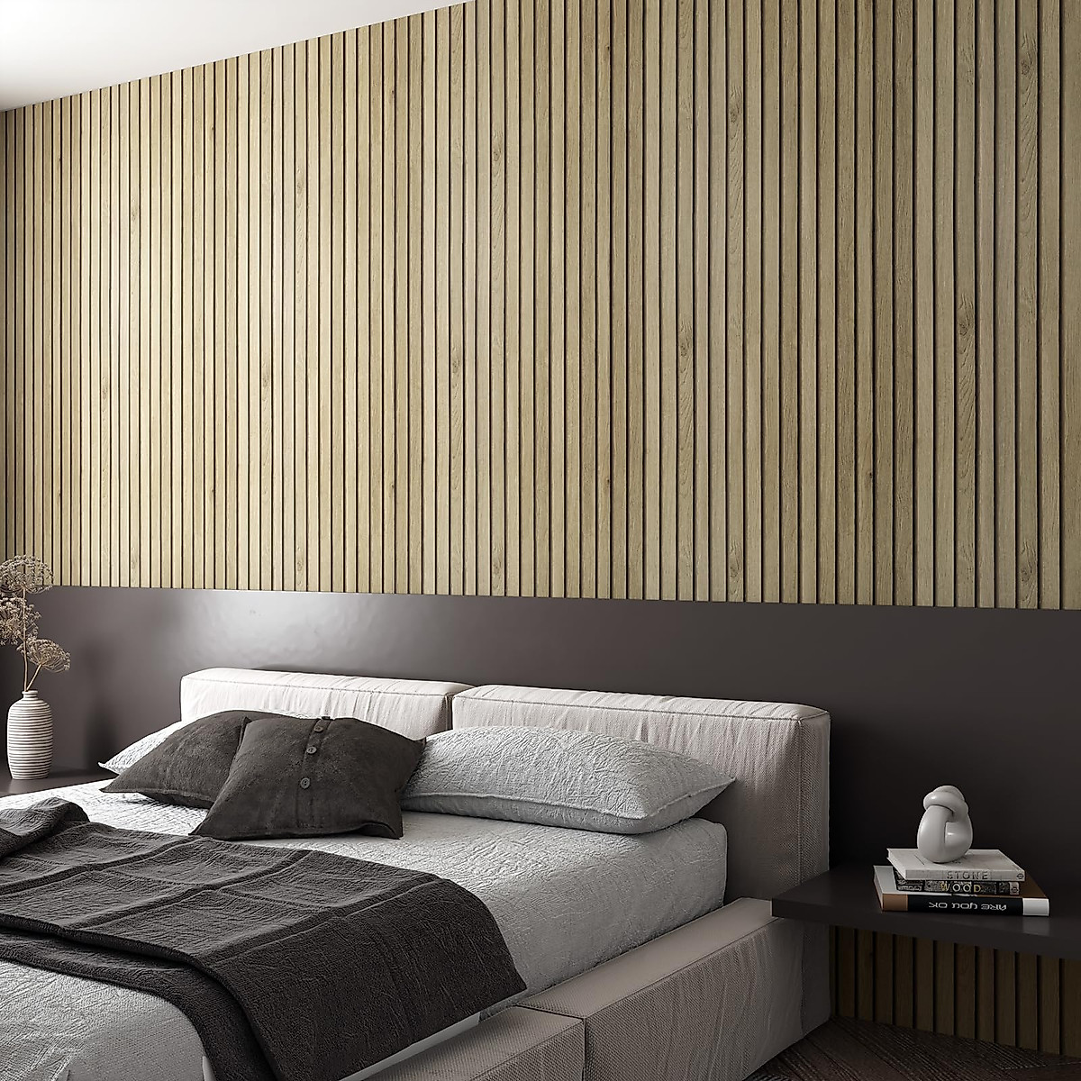 Decotalk Wood Slat Wallpaper Peel and Stick Wood Contact Paper 17.7"x120" Wood Slat Wall Panel Wallpaper Removable Brown Slat Wood Wallpaper for Bedroom Slat Wood Contact Paper for Cabinets Slat Look