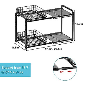 Expandable Under Sink Organizers and Storage, 2-Tier Cabinet Organizer Shelf with 2 Slide-out Baskets, Adjustable Large Under Sink Storage Racks for Bathroom Kitchen,Black