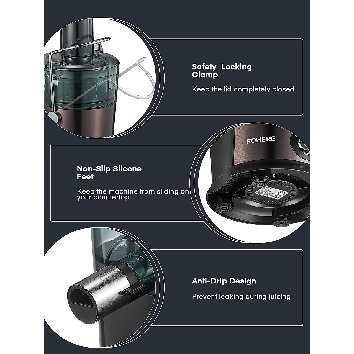 FOHERE Juicer Machines,1200W Max Power Centrifugal Juicer Extractor with 3-inch Wide feed chute & Anti-Drip for Fruit and Vegetable, 2-Speed Setting, Easy to Clean with Brush, Stainless Steel, 800W