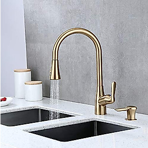 Derengge KF-058S-CS Single Handle Pull-Down Kitchen Faucet with Soap Dispenser, 2 Hole Installation, Meets cUPC NSF 61-9 AB1953, Brushed Gold Finished