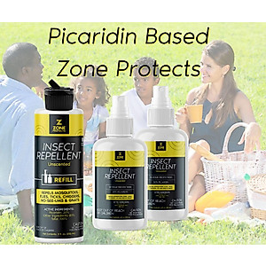 Zone Protects Unscented Picaridin Insect Repellent Spray 2 Pack + Refill. DEET-Alternative. Picaridin Based. Picaridin has 12-hr Proven Protection. Picaridin Repels Ticks, Gnats and Mosquitoes.