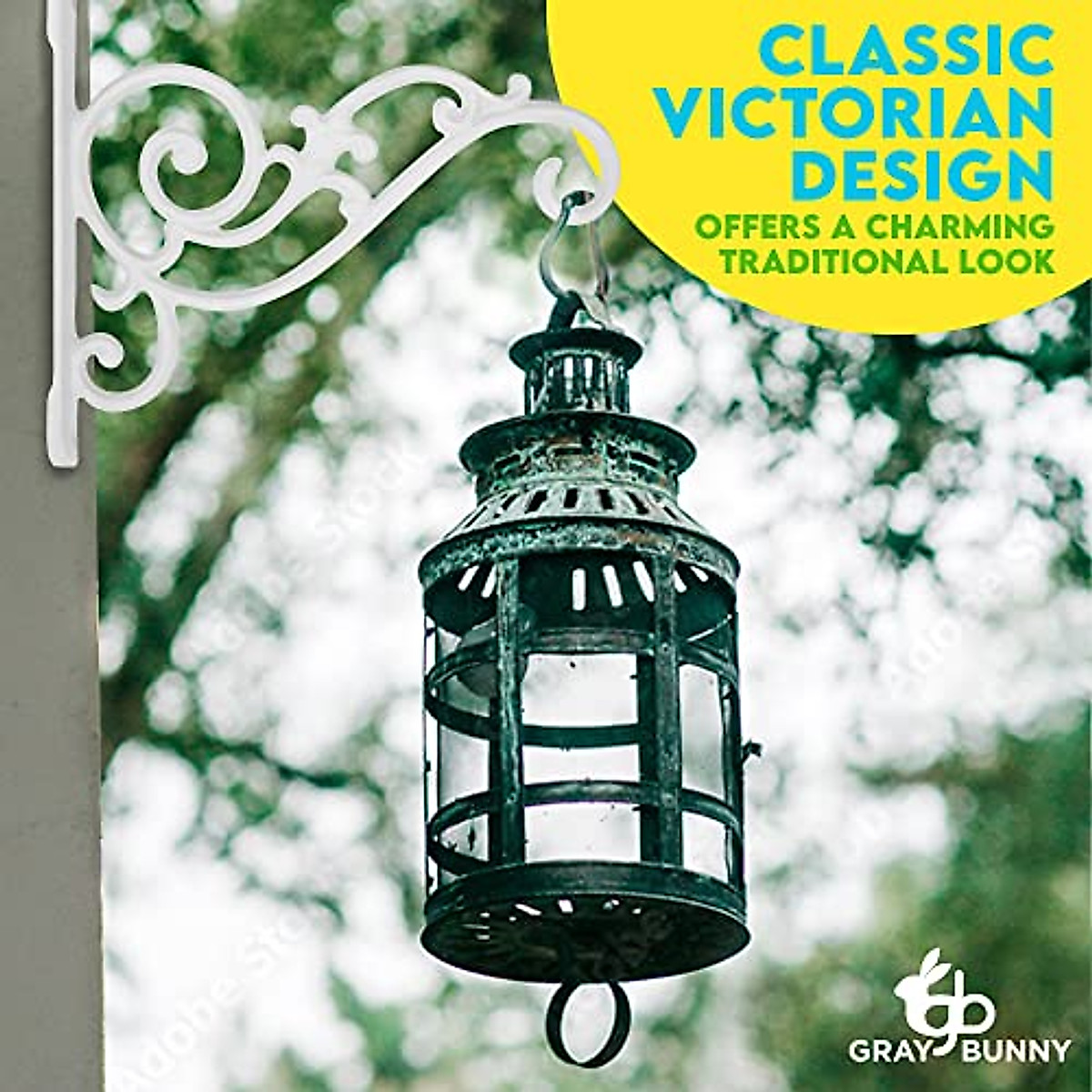 Gray Bunny Outdoor Plant Hanger Hook, 8” Large Victorian Heavy Duty Iron Wall Hooks for Bird Feeders, Lanterns, Wind Chimes, Patio Decor - White