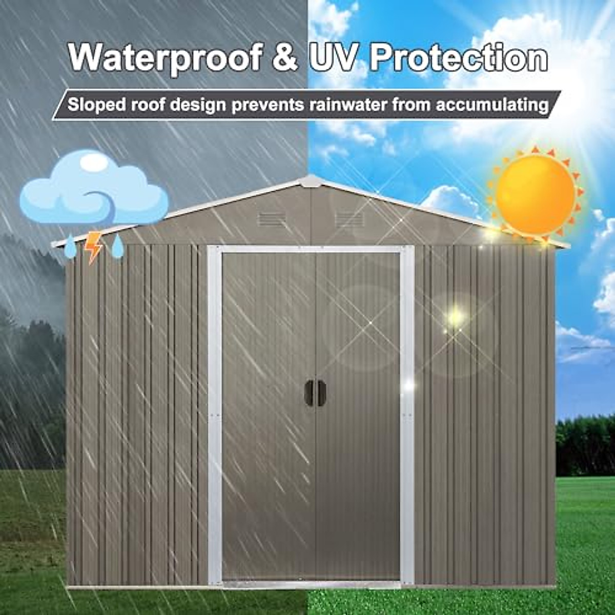 Okak Outdoor Storage Shed 8x10 FT Steel Utility Tool Storage Sheds House with Lockable Doors Waterproof Metal Garden Shed Outdoor Storage for Backyard Garden,Patio,Grey