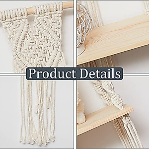 Macrame Wall Hanging Shelf, 2 Tier Boho Wall Shelves with Handmade Woven Rope, White Hanging Wall Shelf Bedroom Decor Wooden Hanging Storage Floating Shelves for Kitchen Living Room