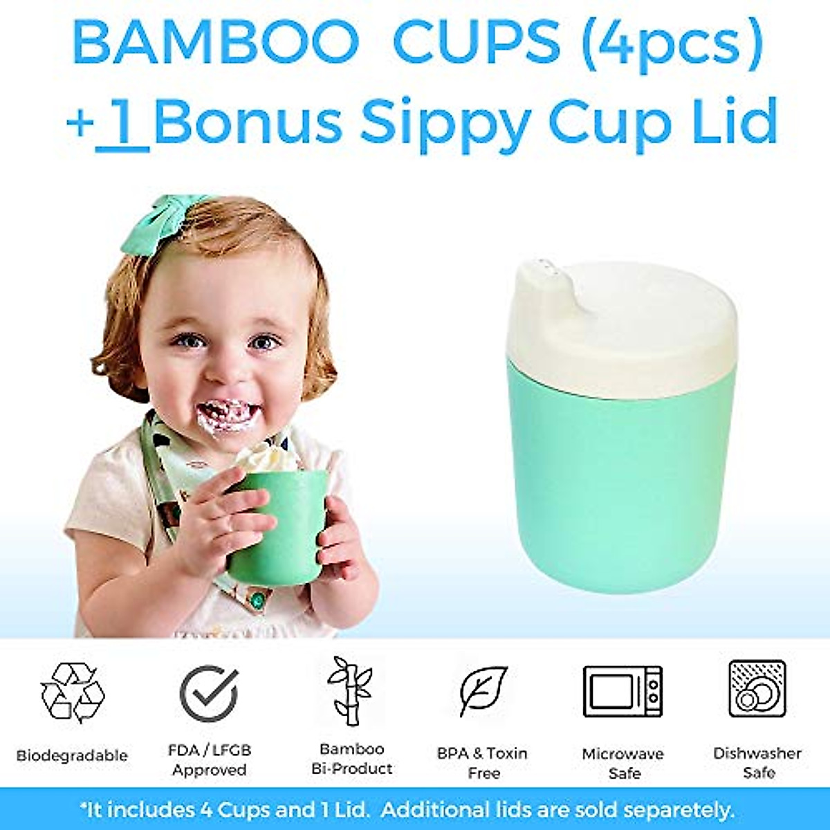 ECO MATTERS Bamboo Toddler Cups: Set of 4 Cups with 【1 Spill Proof Sippy Cup Lid】Microwave Safe， Biodegradable，Reusable Drinking Cup Sets for Kids and Toddlers - BPA Free，Non-Toxic，Non Plastic