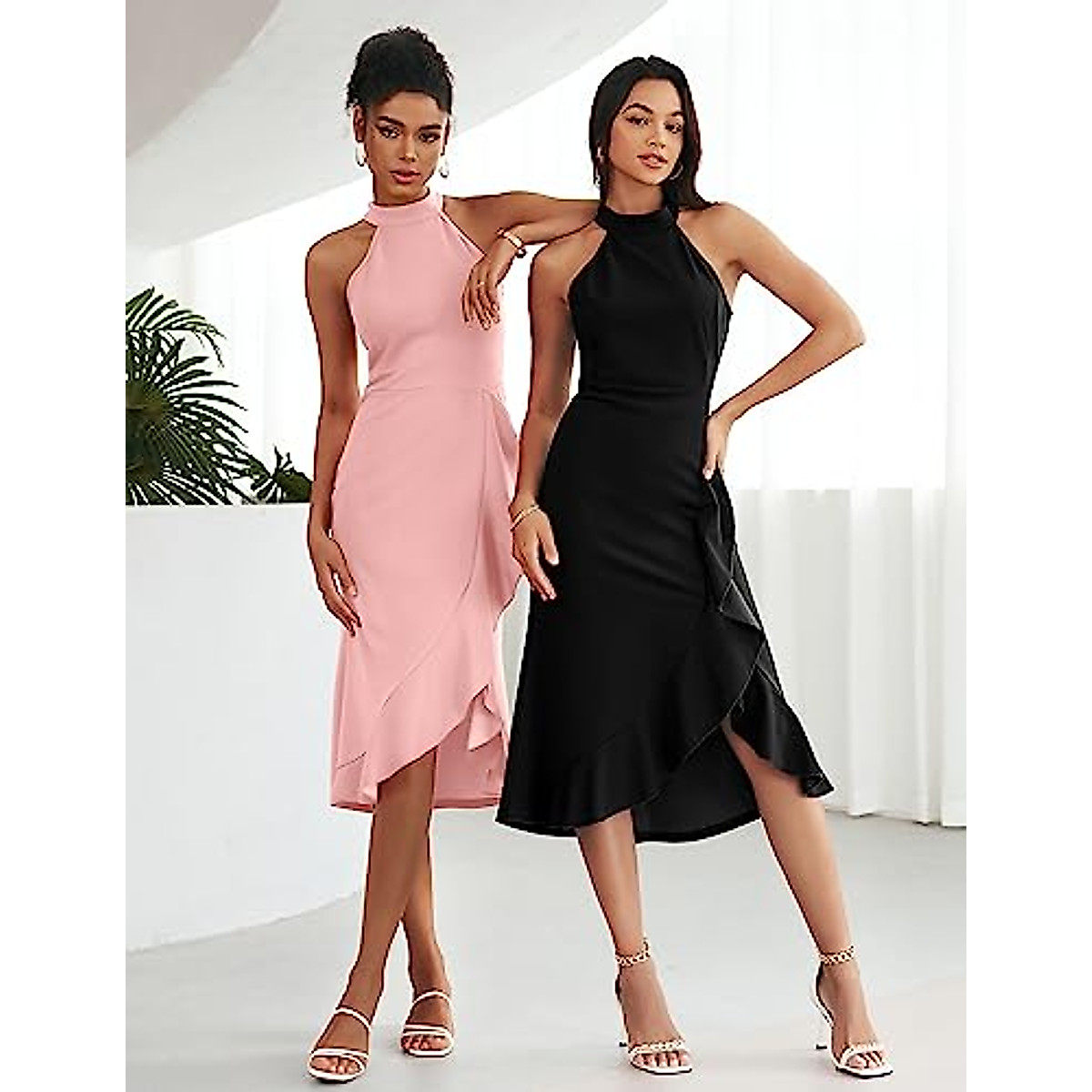 MEROKEETY Women's Sexy Halter Neck Sleeveless Evening Dress Slim Split Mermaid Prom Dresses,Black,XL