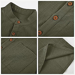 Inorin Boys Button Up Henley Shirt Short Sleeve Lightweight Summer Linen Cotton Dress Shirts Tees Tops with One Pocket Army Green