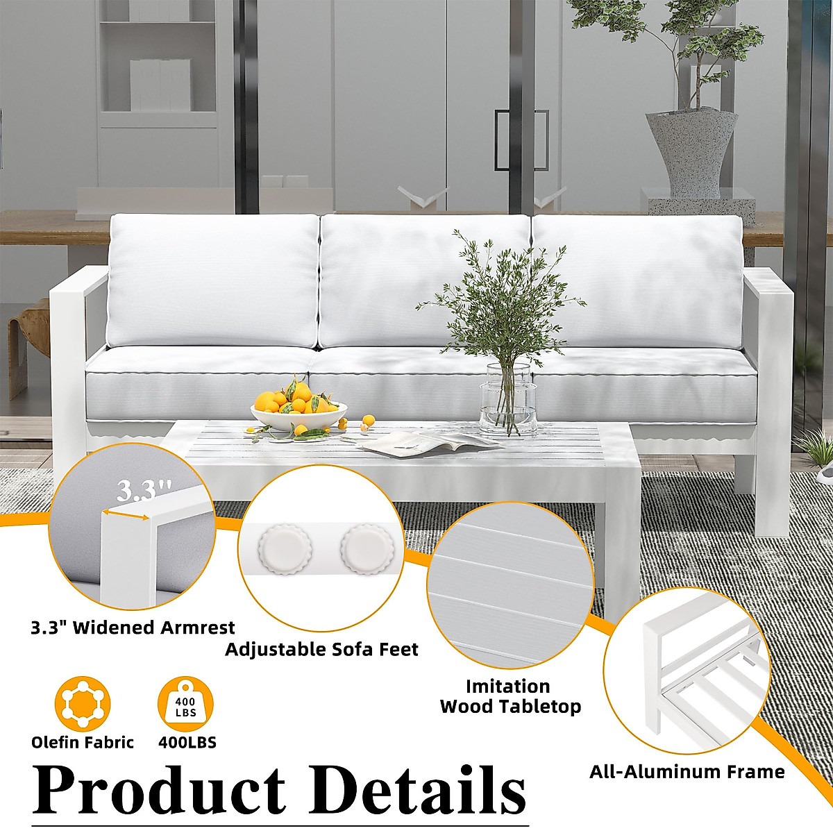 MU Aluminum Patio Furniture Set, 5 Pieces Modern Outdoor Sectional Sofa Couch with Upgrade Cushion and Coffee Table, Oversized Patio Conversation Set, White Frame and Light Grey Cushion