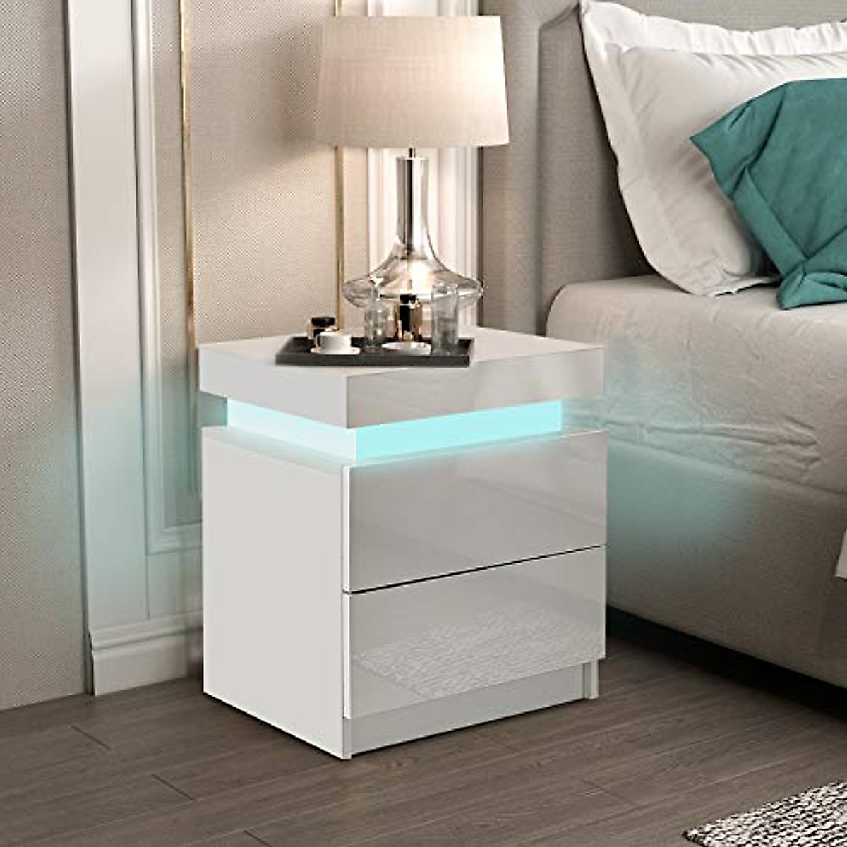 CLIPOP Modern Nightstand, LED Night Stand with 2 High Gloss Chest of Drawers, Bedside Table Cabinet with Remote Control Light, Wood Matte Nightstand 20.6" Tall Bedroom Furniture, White