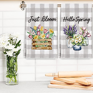 AnyDesign Hello Spring Kitchen Towels Spring Floral Blossoms Dish Towel 18 x 28 Inch Gray White Buffalo Plaids Flower Hand Drying Tea Towel for Cooking Baking Cleaning Wipes, Set of 2