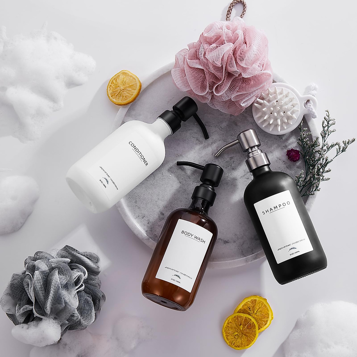 Supforce Kitchen Soap Dispenser Set with Ceramic Tray, 16.9oz Glass Dish Soap Dispenser with 12 Waterproof Labels and Stainless Steel Pump, Hand Soap Dispenser for Kitchen Bathroom Farmhouse