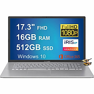 (Renewed) Asus VivoBook 17 Business Laptop 17.3" FHD Anti-glare Display 11th Generation Intel Quad-Core i5-1135G7 (Beats i7-1065G7) 16GB RAM 512GB SSD Backlit USB-C Office365 Win10 Silver + HDMI Cable