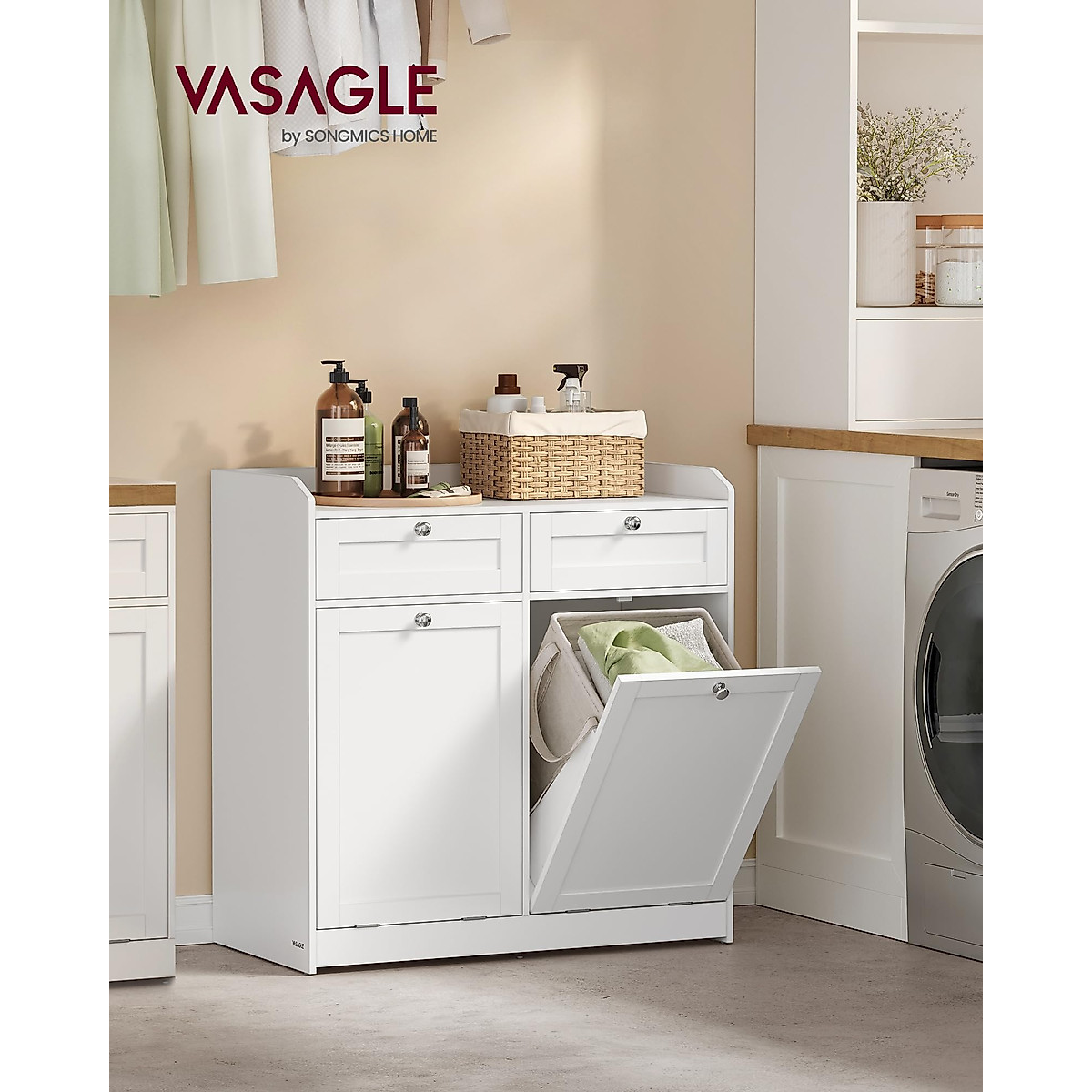 VASAGLE Bathroom Laundry Cabinet with Basket, with 2 Drawers and 2 Hidden Laundry Hampers, Freestanding, Tilt-Out Laundry Baskets with Handles, 15.8 x 31.1 x 31.5 Inches, Cloud White UBBC751W01