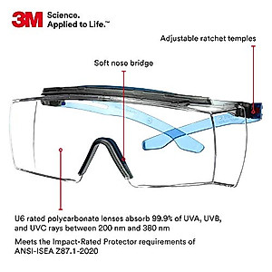 3M Safety Glasses, SecureFit, Fits Over Prescription Glasses, ANSI Z87, Scotchgard Anti-Fog Anti-Scratch Clear Lens, Blue Frame
