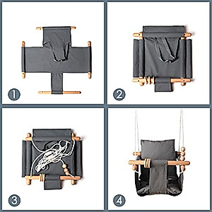 Baby Swing Seat, Secure Canvas and Wooden Hanging Swing Chair for Baby, Infant, Toddler, Kids Toys - Indoor and Temporary Outdoor Hammock for Indoor Playground, Tree Swings or Backyard, Grey