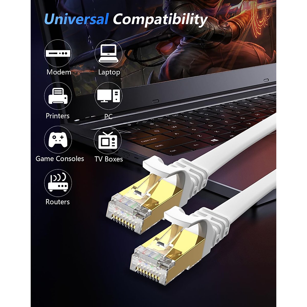 BUSOHE Cat 8 Ethernet Cable 100 FT, 40Gbps 2000Mhz High Speed Flat Cat8 Cable Patch Cord with Gold-Plated RJ45 Connector, LAN Network Internet Cable with 40 Clips for Router/Gaming/Computer, S/FTP