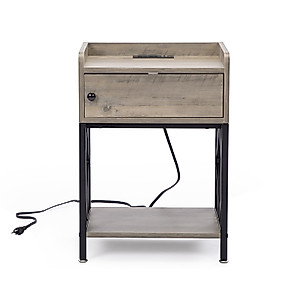 Gecheer Set of 2 Wood Nightstand, Farmhouse End Table with Charging Station, USB Ports, Cabinet, and Shelf, Sofa Bed Side Table for Bedroom Living Room, Adjustable Foot Pads, Rustic Gray