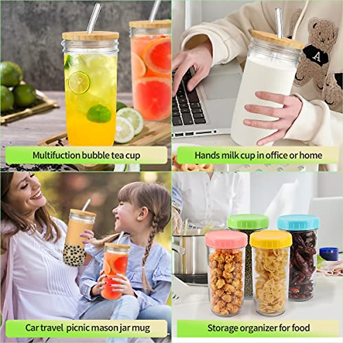 4 Pack Glass Cups Set - 24oz Mason Jar with Bamboo Lids and Glass Straw & 12 Airtight Lids, Brush - Boba Drinking Glasses, Reusable Travel Tumbler Bottle for Iced Coffee, Smoothie, Bubble Tea, Gift