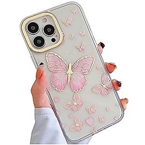 ooooops Compatible with iPhone 14 Pro Max Case for Women Girls, Glitter Golden Butterflies, Cute Love Heart Shaped Pattern, Hard Panel Clear Protective Phone Cover for iPhone 14ProMax(Pink Butterfly)
