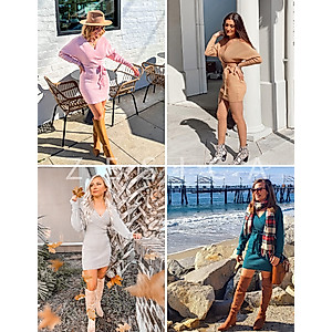 ZESICA Women's Fall Long Batwing Sleeve Wrap V Neck Knitted Backless Bodycon Pullover Sweater Dress with Belt,Apricot,Small