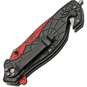8” Red Spiderweb Assisted Open Pocket Folding Edc Knife Red Stainless Steel Clip Point Blade With Spider Web Print Red Aluminum Handle With Green Jewel Inlay