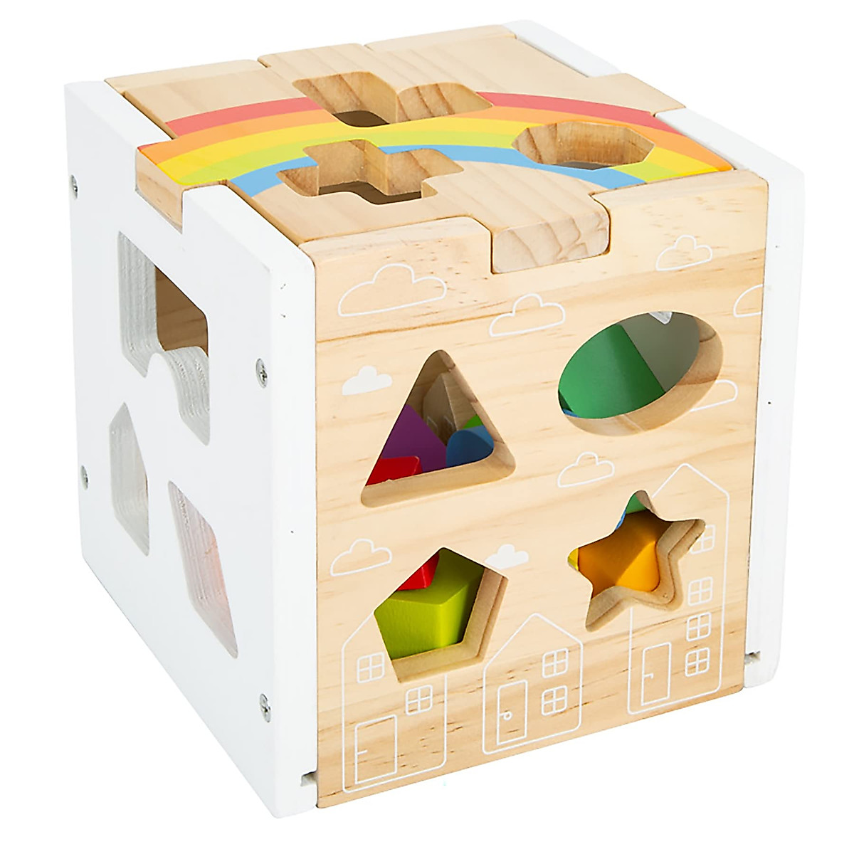 Wooden Rainbow Shape Sorter Cube – Sorting Toy with 13 Geometric Shapes & Removable Lid – Educational Game for Dexterity & Fine Motor Skills – Teaches Counting, Shapes and Colors – Ages 12+ Months