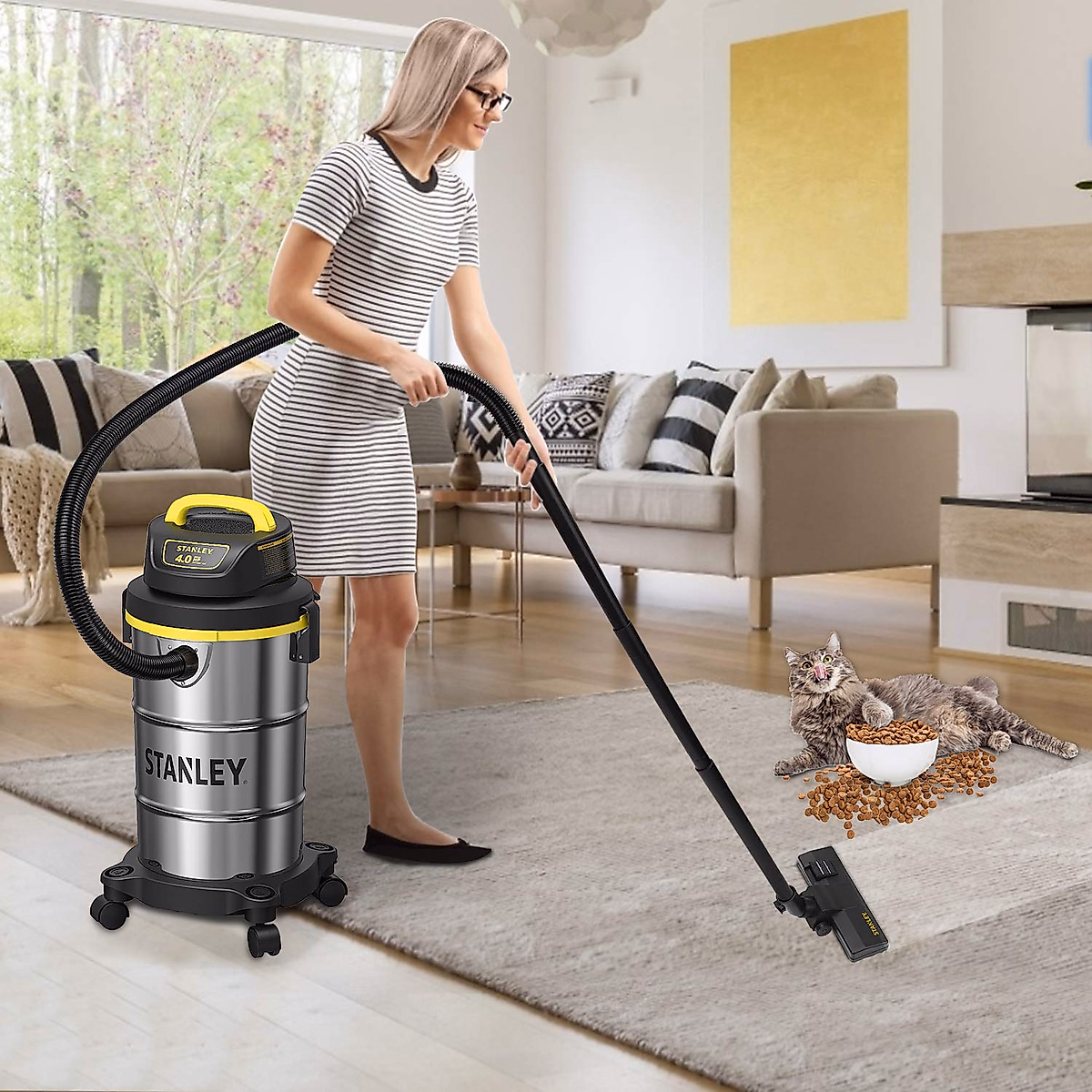 Stanley Wet/Dry Vacuum, 5 Gallon, 4 Horsepower, Stainless Steel Tank - Silver+yellow+black - SL18130
