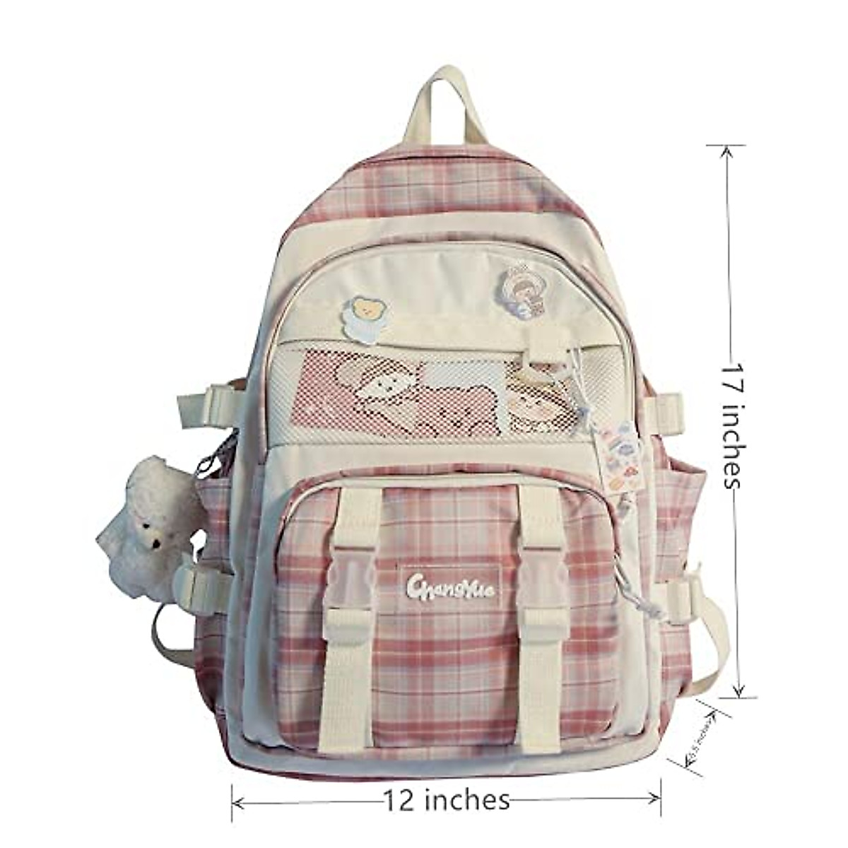 Aoakva Kawaii Plaid Backpack Purple Trendy Travel Bag with Free Cute Bear Pendant (Plaid purple), Regular