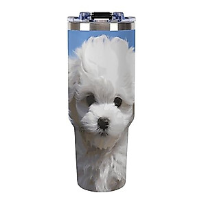 LLUTSNTH 40 Oz Vacuum Tumbler with Black Handle Leakproof Insulated Tumbler Bichon Frise Dog Stainless Steel Travel Mug with Lid And Straw Coffee Cup Cute Water Bottles Cup Holder Friendly