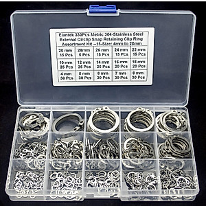 Elantek 330Pcs 15-Size Metric 304 Stainless Steel External Retaining C-Clips Rings/External Circlip Snap Retaining Clip Ring Assortment Kit - 4mm to 28mm