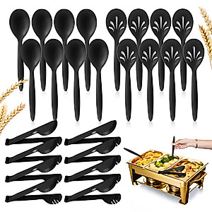 RayPard Reusable Plastic Serving Utensils Set of 24, Wheat straw Large Serving set 10" Serving Spoons/10" Slotted Spoons/9.4" Tongs, for Party Chafing Dish Buffet Catering (Black)