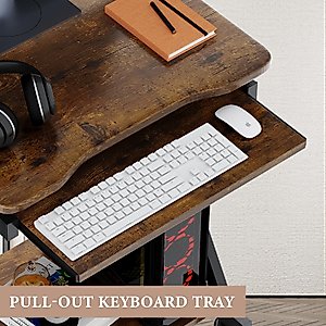 ZERDER Small Computer Desks with Power Outlet, Z-Shaped Home Office Desks for Small Space, Compact Study Desk with Keyboard Tray and Casters, Computer Workstation for Home and Office, Brown