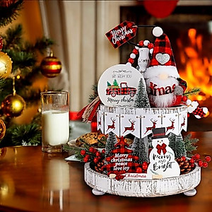 13 Pieces Christmas Tiered Tray Decor Set Christmas Decorations Indoor Winter Wooden Tabletop Signs Red and Black Buffalo Plaid Theme Decor Gnome Snowman Christmas Tree for Christmas Farmhouse Decor