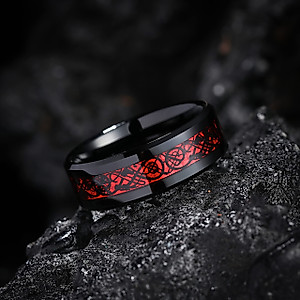 King Will Men's 8mm Red Carbon Fiber Black Celtic Dragon Tungsten Carbide Ring Comfort Fit Wedding Band (10.5)