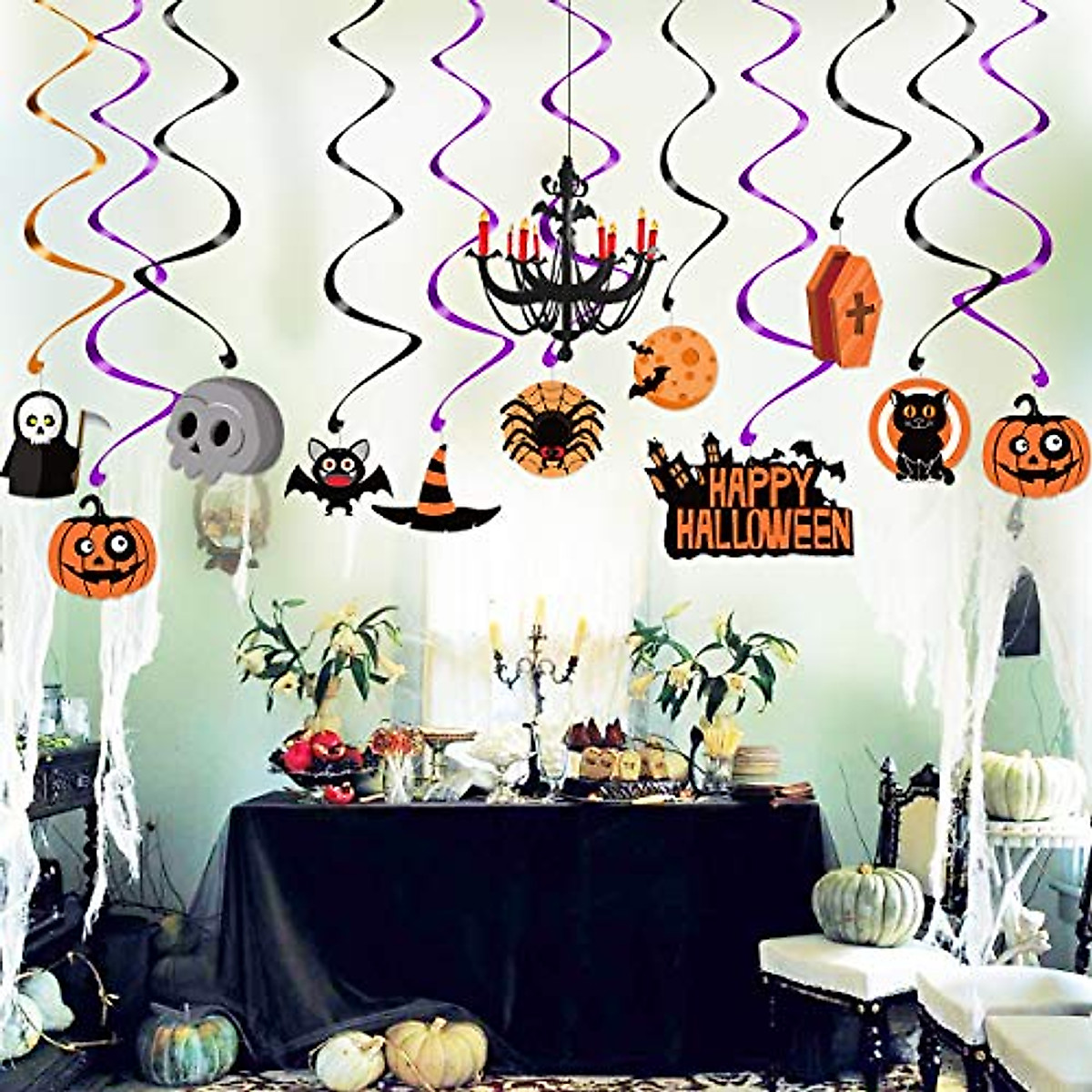 Unomor Halloween Decorations Indoor Hanging Swirls for Haunted House Decor Ceiling Swirl Decoration Included Bats, Spider, Ghost, Pumpkin, 3D Chandelier (30 Piece)