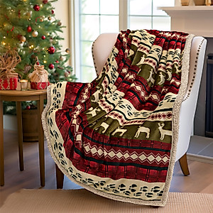 PAVILIA Premium Christmas Blanket Sherpa Fleece Throw| Plush Christmas Decoration, Reindeer, Cozy Reversible Winter Holiday Cabin Blanket for Sofa Couch 50x60