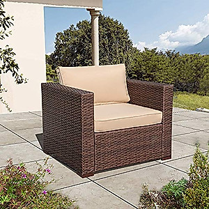 Super Patio Outdoor Chair, PE Wicker Rattan Patio Chair, All Weather Outdoor Furniture Armchair Sofa with Thick Beige Cushions, Steel Frame, Brown