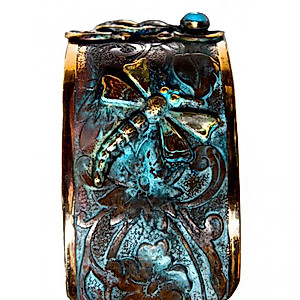 Elaine Coyne Collectible Artwear Verdigris Patina Brass Dragonflies Cuff - Amethyst, Carnelian, Garnet