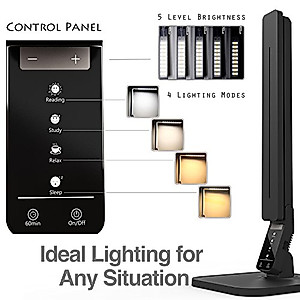 Lampat Dimmable LED Desk Lamp, 4 Lighting Modes (Reading/Studying/Relaxation/Bedtime), 5-Level Dimmer, Touch-Sensitive Control Panel, 1-Hour Auto Timer, 5V/1A USB Charging Port, Piano Black