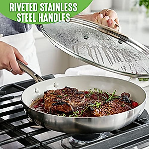 GreenLife Tri-Ply Stainless Steel Healthy Ceramic Nonstick, 12" Frying Pan Skillet with Lid, PFAS-Free, Multi Clad, Induction, Dishwasher Safe, Oven Safe, Silver